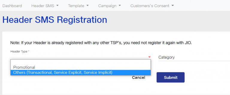 How to add Header or Sender ID in Jio DLT?