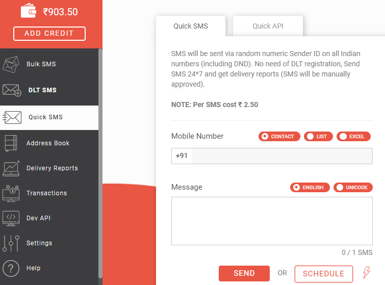 Steps For Sending SMS from Quick SMS Route