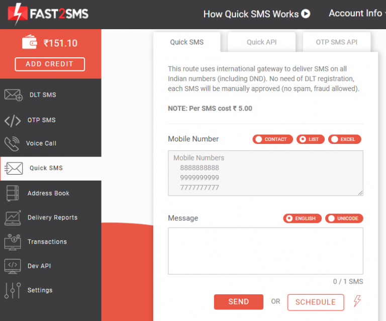 Steps For Sending SMS from Quick SMS Route