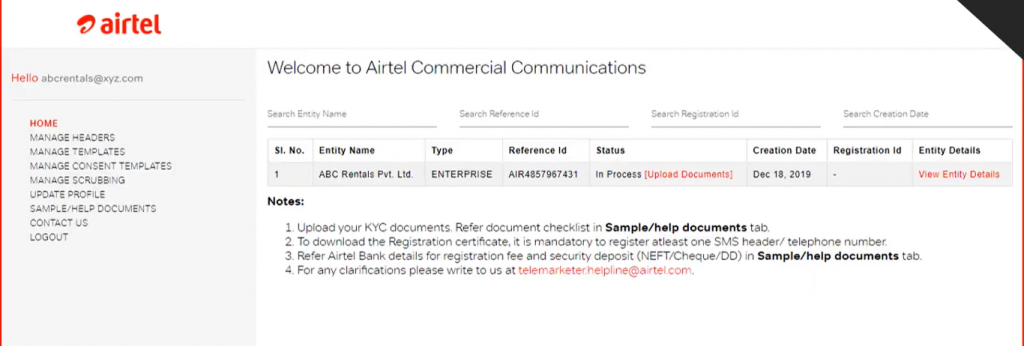 DLT Registration Process For Airtel