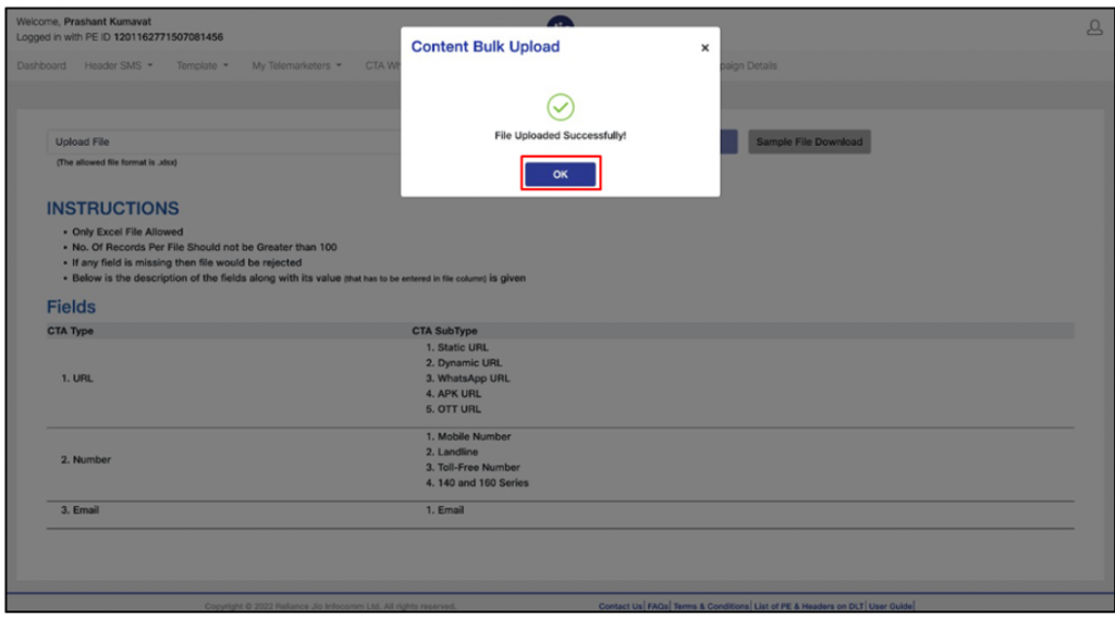 CTA Whitelisting Process in JIO DLT